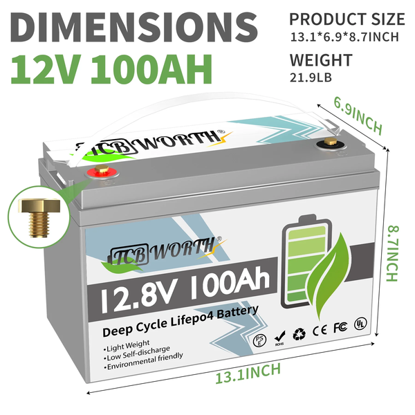 12V 100Ah LiFePO4 Lithium Battery,100A BMS,15000 Deep Cycles,TCBWORTH ...