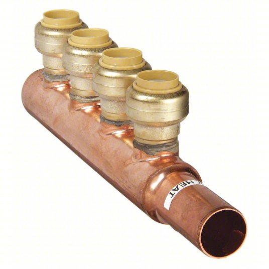 Push Fit Manifold: Copper, 3/4 in Push Fit Inlet, 1/2 in Push Fit Outl ...