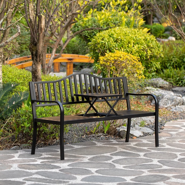 Outdoor Powder Coated Steel Park Bench, Garden Bench with Pop Up Middl ...
