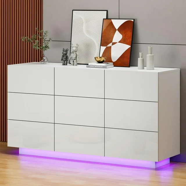 9 Wood Chest of Drawers Dressers 55" with Colorful Led Lights ...